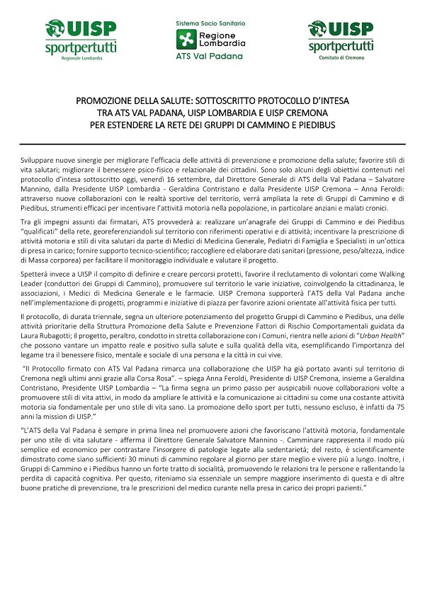 UISP CREMONA E LOMBARDIA e AST FIRMANO PROTOCOLLO PER GRUPPI CAMMINO E ...